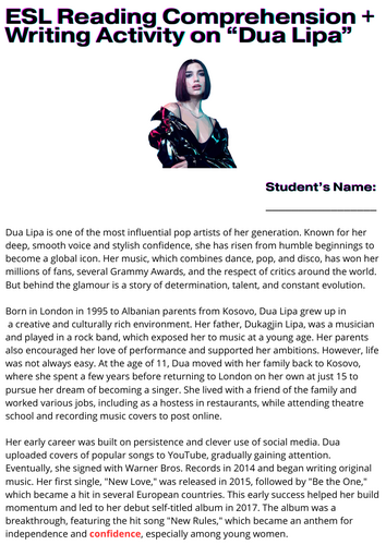ESL Reading Comprehension + Writing Activity Worksheets - Dua Lipa ...