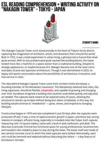 ESL Reading Comprehension + Essay - Nakagin Capsule Tower - Tokyo ...
