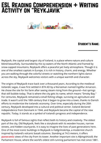 ESL Reading Comprehension + Writing Activity Worksheets - Reykjavík ...