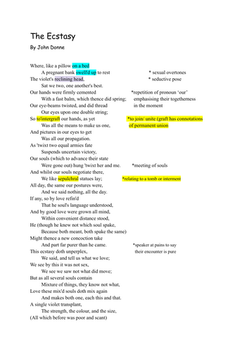 Advanced Level analysis of John Donne's poem "The Ecstasy" - a poem of ...