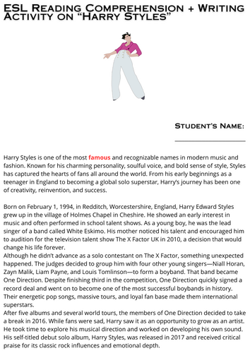 ESL Reading Comprehension + Writing Activity Worksheets on "Harry ...