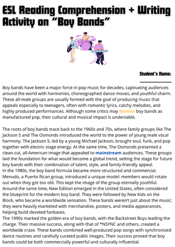 ESL Reading Comprehension + Writing Activity Worksheets - Boy Bands ...