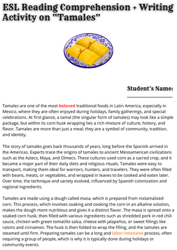 ESL Reading Comprehension + Writing Activity Worksheets on "Tamales ...