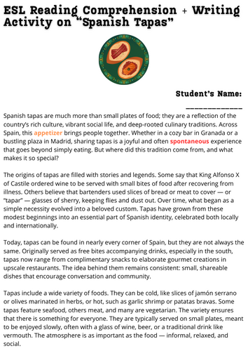 ESL Reading Comprehension + Writing Activity Worksheets on "Spanish ...