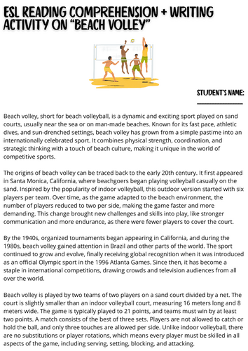 ESL Reading Comprehension + Writing Activity Worksheets - Beach ...