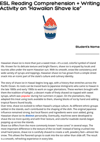 ESL Reading Comprehension + Writing Activity Worksheets on "Hawaiian ...