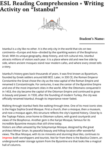ESL Reading Comprehension + Writing Activity Worksheets on Istanbul ...