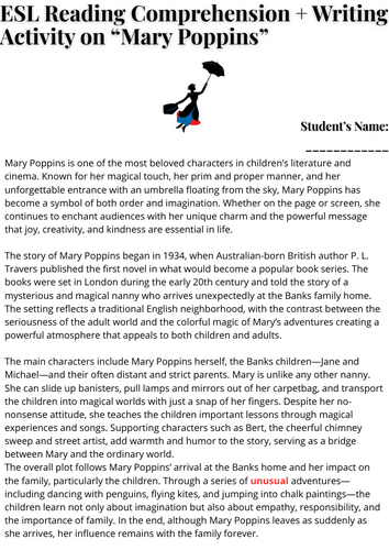 ESL Reading Comprehension + Writing Activity Worksheets on "Mary ...