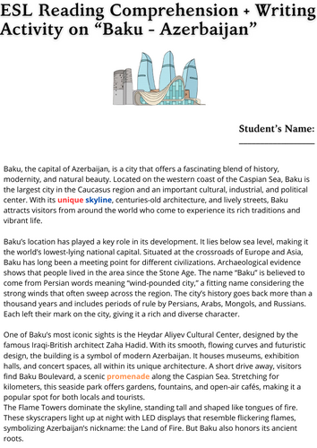 ESL Reading Comprehension + Writing Activity on "Baku" - Azerbaijan ...