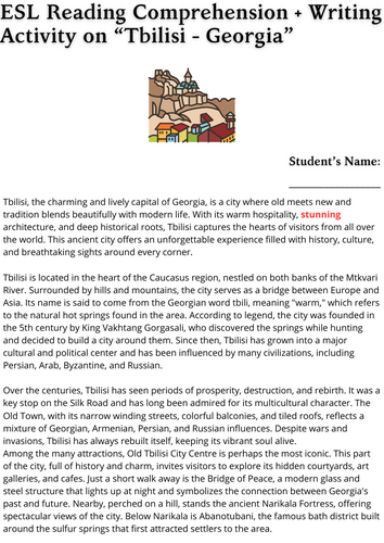 ESL Reading Comprehension + Writing Activity on "Tbilisi" - Georgia ...