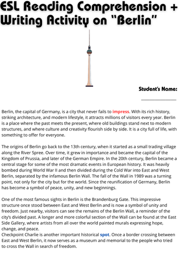 ESL Reading Comprehension + Writing Activity - Berlin - Germany ...