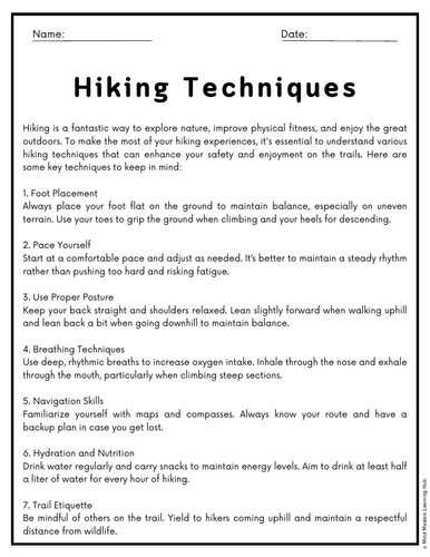 Hiking Techniques Reading Comprehension Passages & Questions Worksheets ...