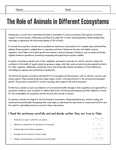 The Role of Animals in Different Ecosystems: Reading Comprehension ...