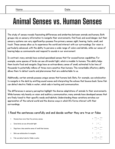 Animal Senses vs. Human Senses: Reading Comprehension Passages ...