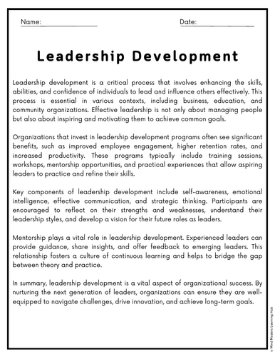Leadership Development Reading Comprehension Passages & Questions ...