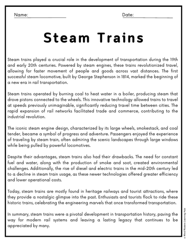 Steam Trains Reading Comprehension Passages & Questions Worksheets ...