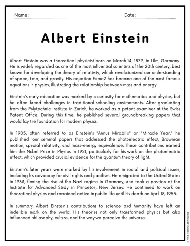 Albert Einstein Reading Comprehension Passages & Questions Worksheets ...