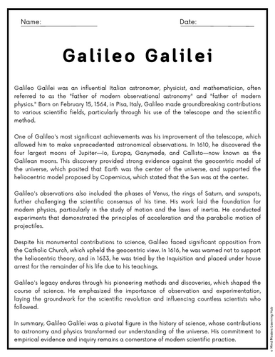 Galileo Galilei Reading Comprehension Passages & Questions Worksheets ...