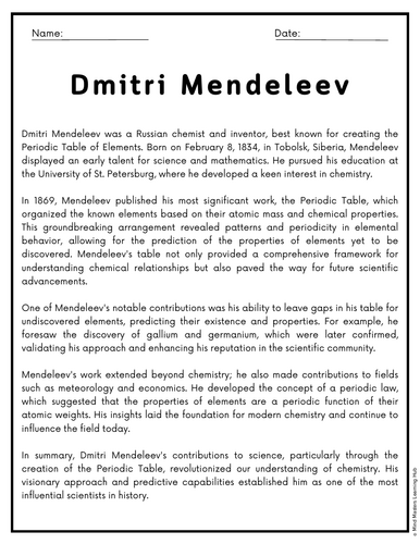 Dmitri Mendeleev Reading Comprehension Passages & Questions Worksheets ...