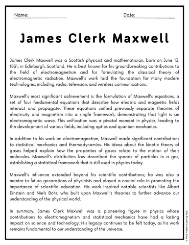 James Clerk Maxwell Reading Comprehension Passages & Questions ...