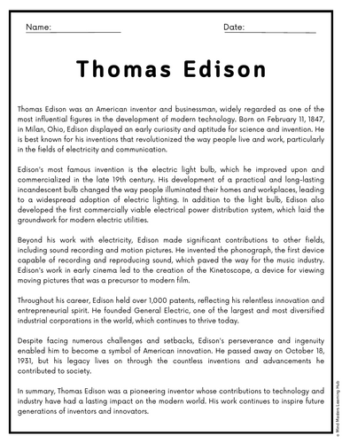 Thomas Edison Reading Comprehension Passages & Questions Worksheets ...