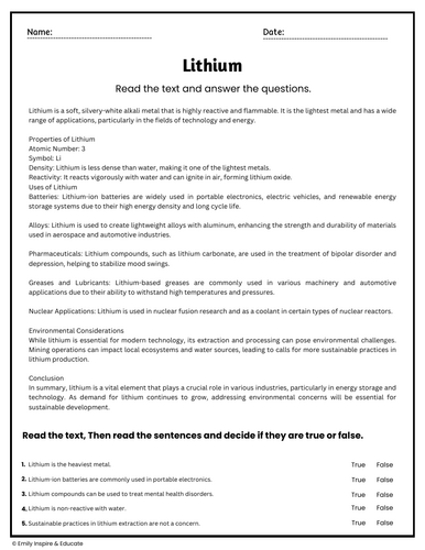 Lithium - Reading Comprehension Passages & Questions Worksheets ...