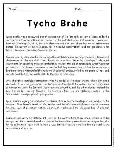 Tycho Brahe Reading Comprehension Passages & Questions Worksheets ...