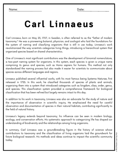 Carl Linnaeus Reading Comprehension Passages & Questions Worksheets ...