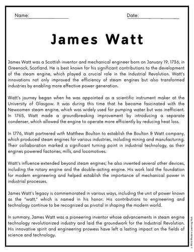 James Watt Reading Comprehension Passages & Questions Worksheets ...