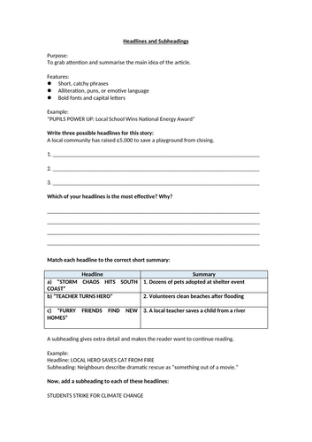 Non Fiction - Headlines and Subheadings Homework Worksheet | Teaching ...