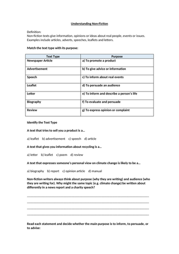 Non Fiction - Understanding Non Fiction Homework Worksheet | Teaching ...