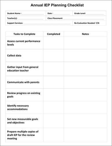 Annual IEP Planning Checklist – Special Education Teacher Form ...
