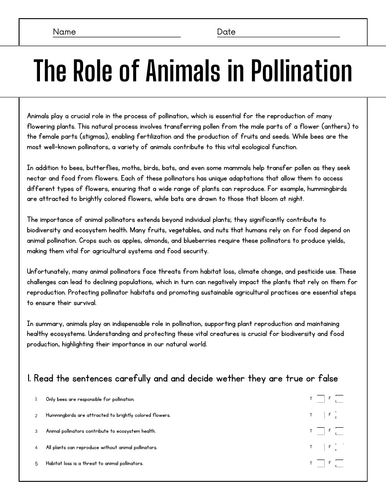 The Role of Animals in Pollination: Reading Comprehension Passages ...