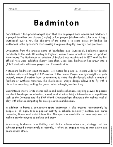 Badminton Reading Comprehension Passages & Questions Worksheets ...