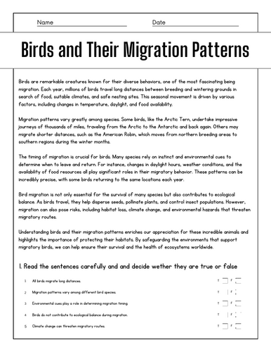 Birds and Their Migration Patterns: Reading Comprehension Passages ...