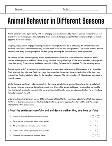 Animal Behavior in Different Seasons: Reading Comprehension Passages ...