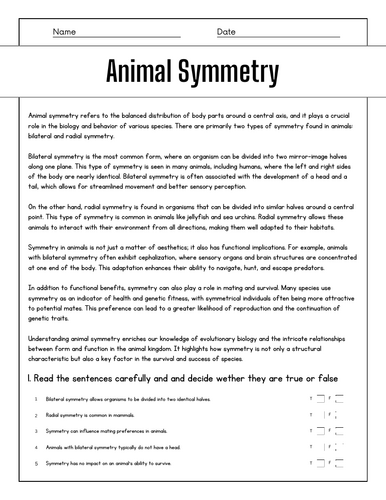 Animal Symmetry: Reading Comprehension Passages & Questions Worksheets ...