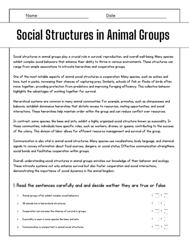 Social Structures in Animal Groups: Reading Comprehension Passages ...
