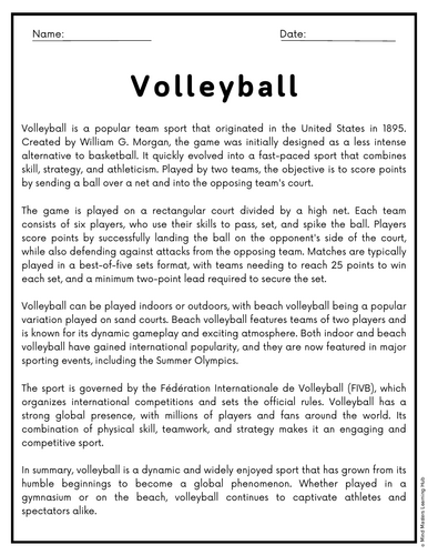 Volleyball Reading Comprehension Passages & Questions Worksheets ...