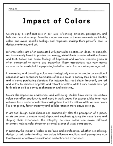 Impact of Colors Reading Comprehension Passages & Questions Worksheets ...