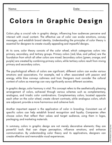 Colors in Graphic Design Reading Comprehension Passages & Questions ...