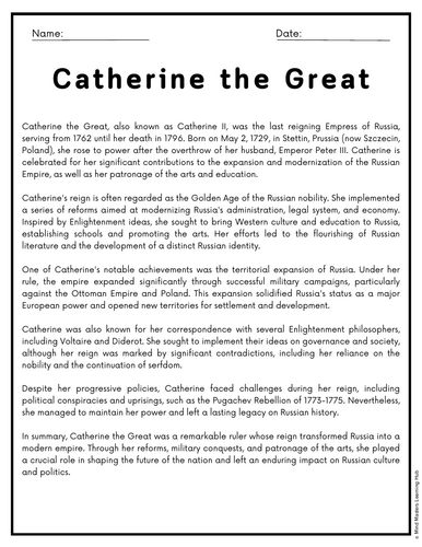 Catherine the Great Reading Comprehension Passages & Questions ...