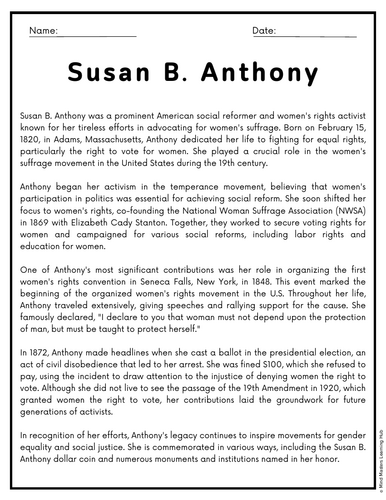 Susan B. Anthony Reading Comprehension Passages & Questions Worksheets ...