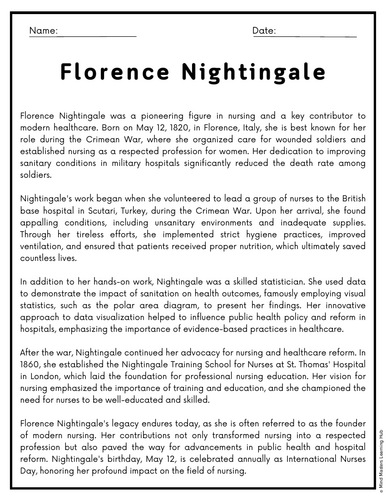 Florence Nightingale Reading Comprehension Passages & Questions ...