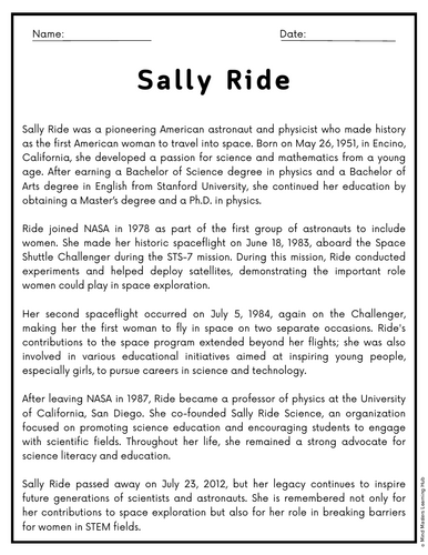 Sally Ride Reading Comprehension Passages & Questions Worksheets ...