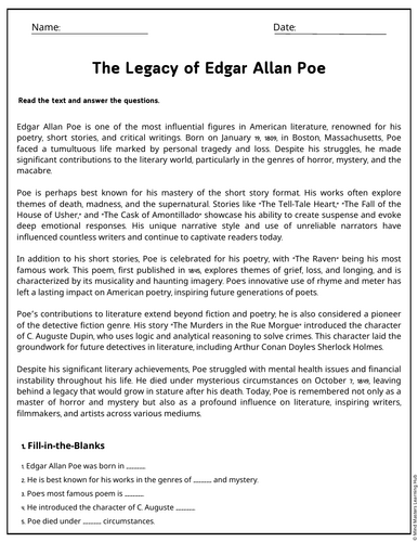 The Legacy of Edgar Allan Poe Reading Comprehension Passages ...