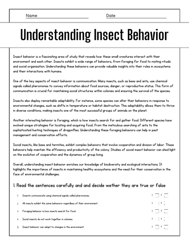 Understanding Insect Behavior: Reading Comprehension Passages ...