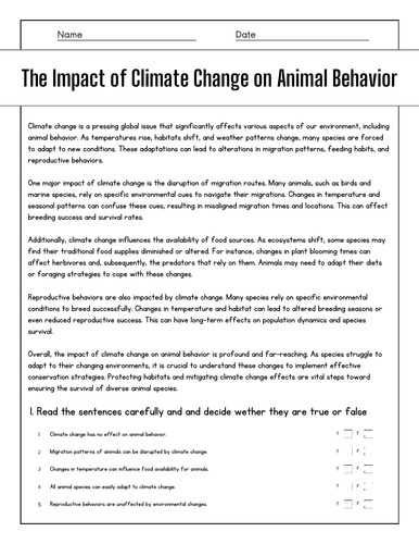 The Impact of Climate Change on Animal Behavior: Reading Comprehension ...