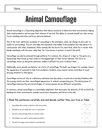 Animal Camouflage: Reading Comprehension Passages & Questions ...