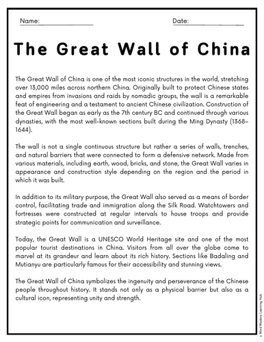 The Great Wall of China Reading Comprehension Passages & Questions ...